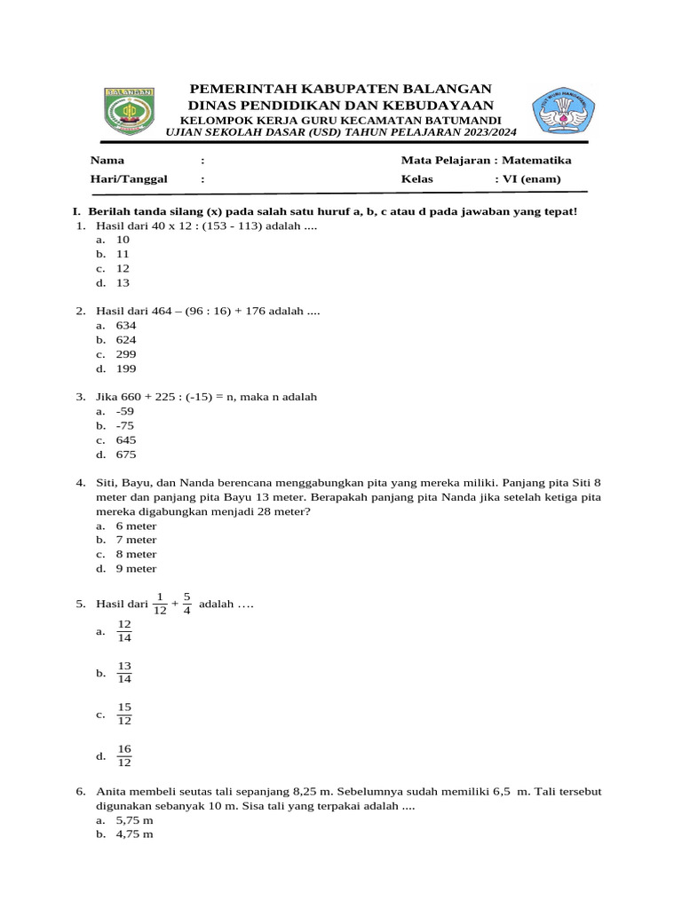 Soal Uas Matematika KLS Vi 2024 | PDF