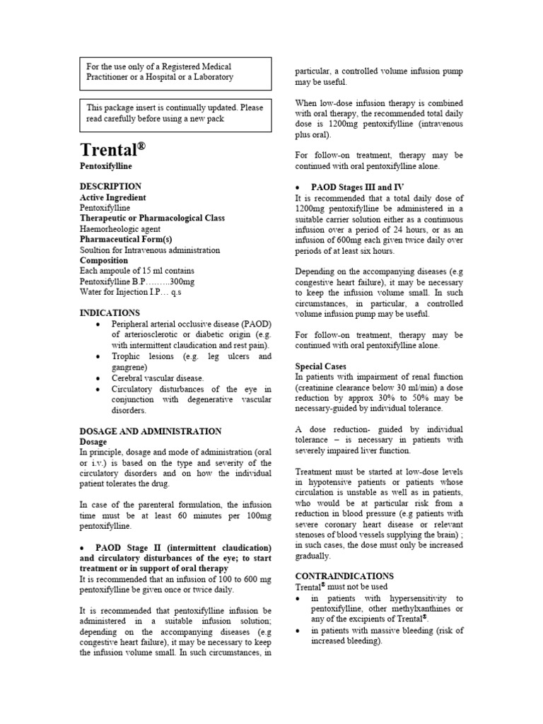 Trental Injection PI - New | PDF | Intravenous Therapy | Drug Overdose