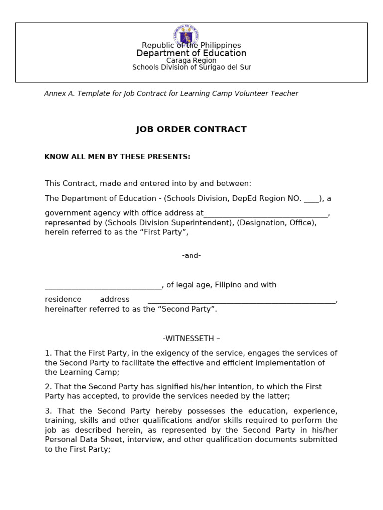 Job Contract Template for Volunteer Teacher | PDF