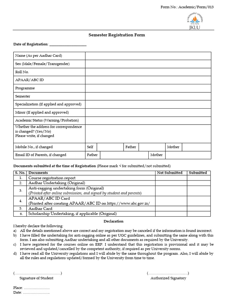 Form 014 Semester Registration Form | PDF