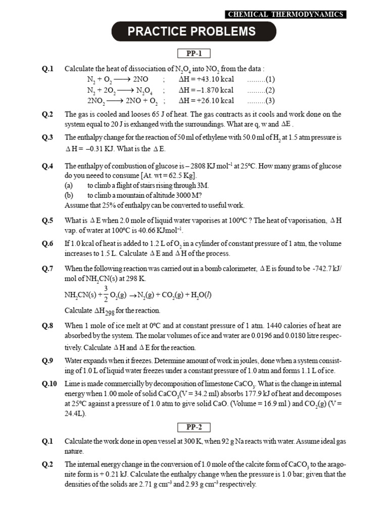 Chemical Thermodynamics Practice Problems | PDF | Gases | Heat