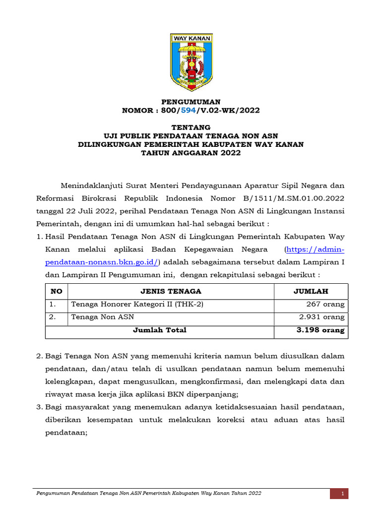 Pengumuman Uji Publik Pendataan Non Asn 1 | PDF