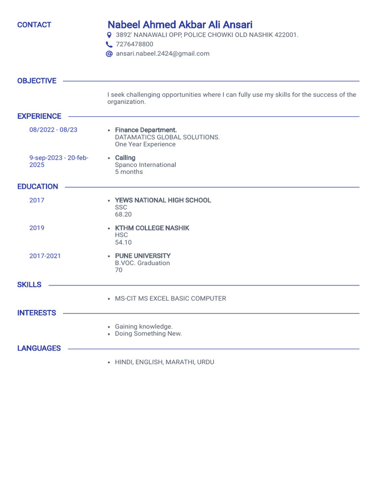 Nabeel Ahmed Akbar Ali Ansari: Contact | PDF