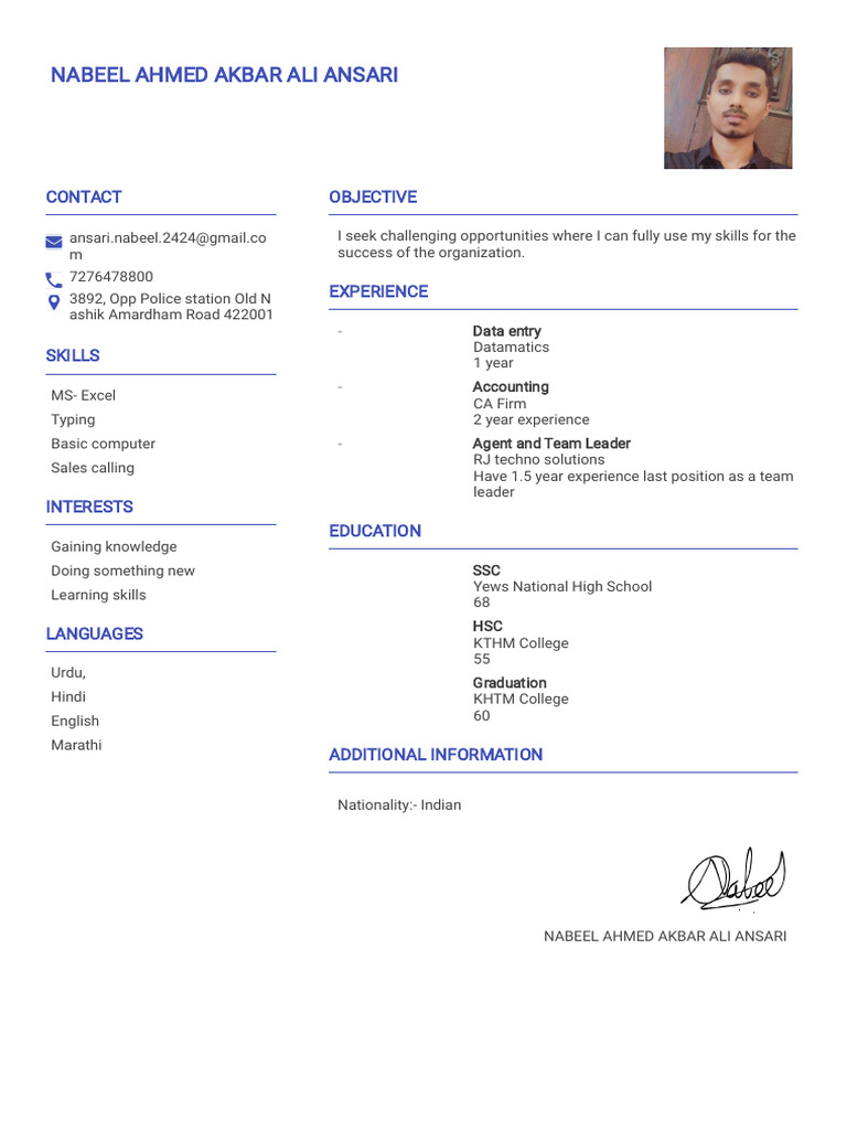 Nabeel Ahmed Akbar Ali Ansari: Contact Objective | PDF