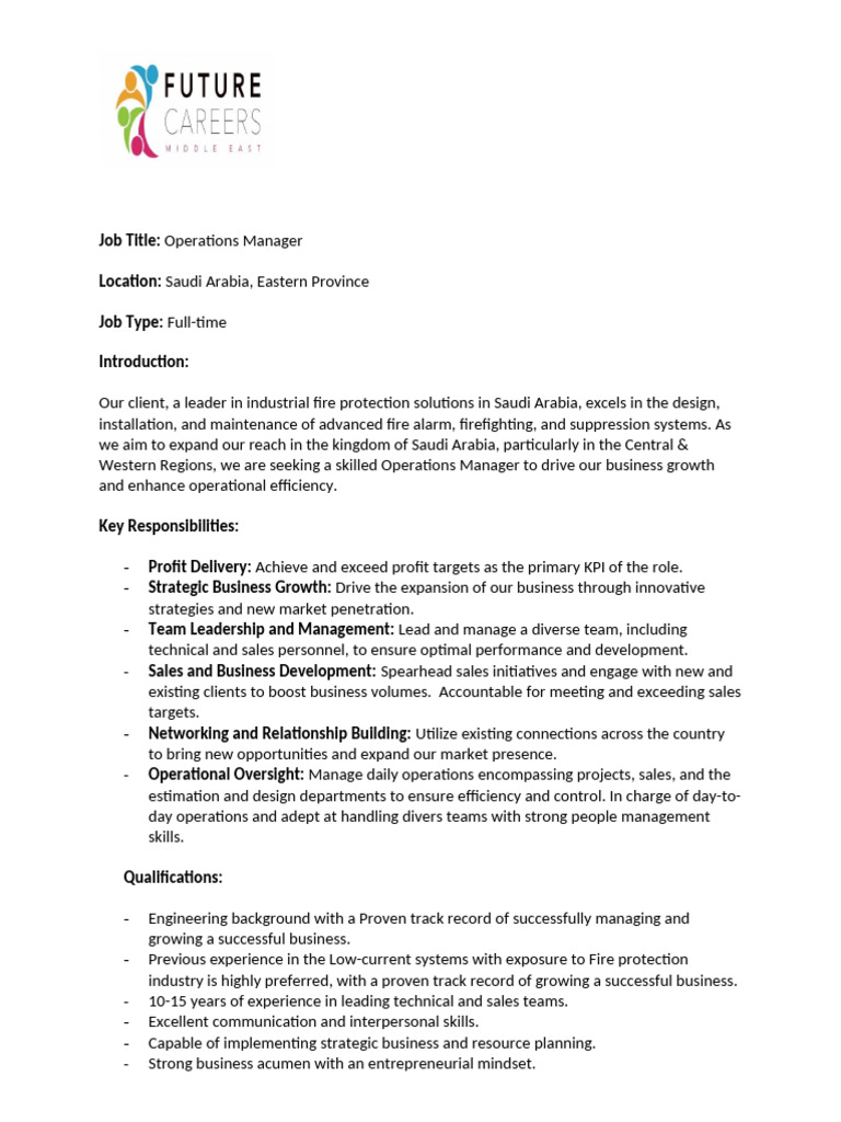 Operations Manager JD - Fire Protection Systems | PDF