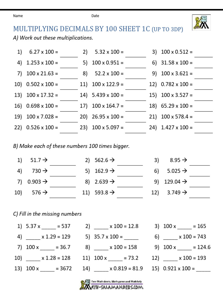 Multiplying Decimals by 100 Worksheet | PDF | Arithmetic | Mathematics