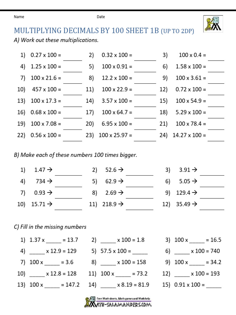 Multiplying Decimals by 100 Worksheet | PDF | Arithmetic | Mathematics