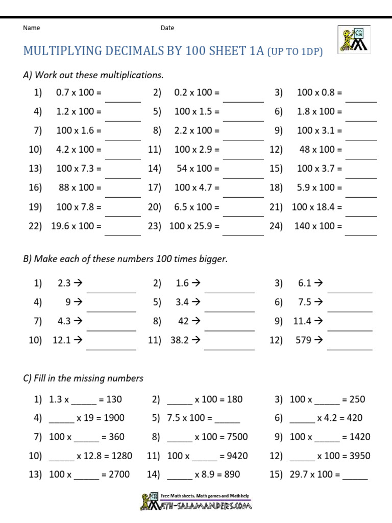 Multiplying Decimals by 100 1a | PDF | Arithmetic | Mathematics