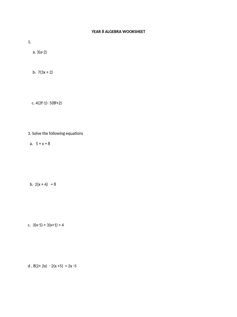Year 8 Algebra Wooksheet | PDF