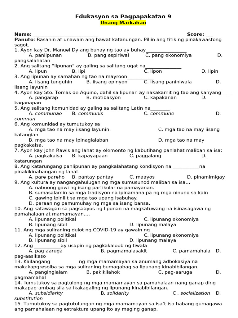 Q1 Periodic Exam EsP 9 | PDF