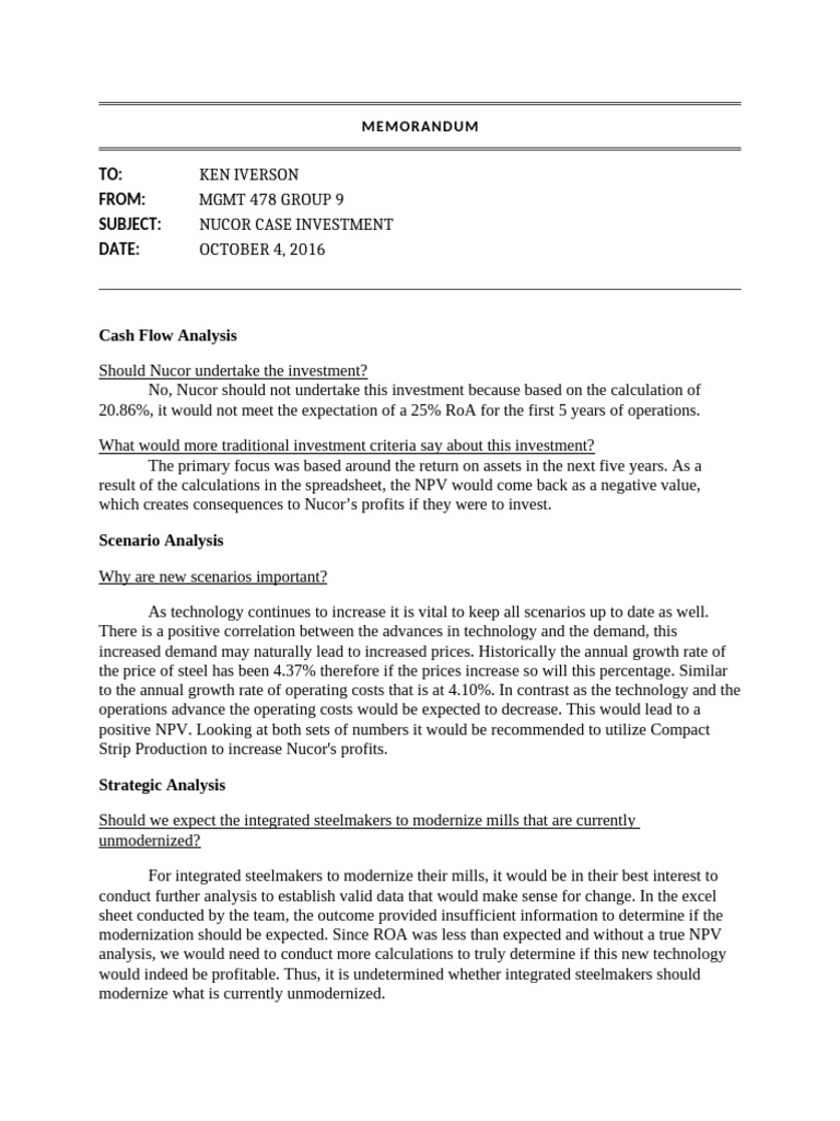 Nucor Investment Analysis | PDF | Net Present Value | Steel Mill