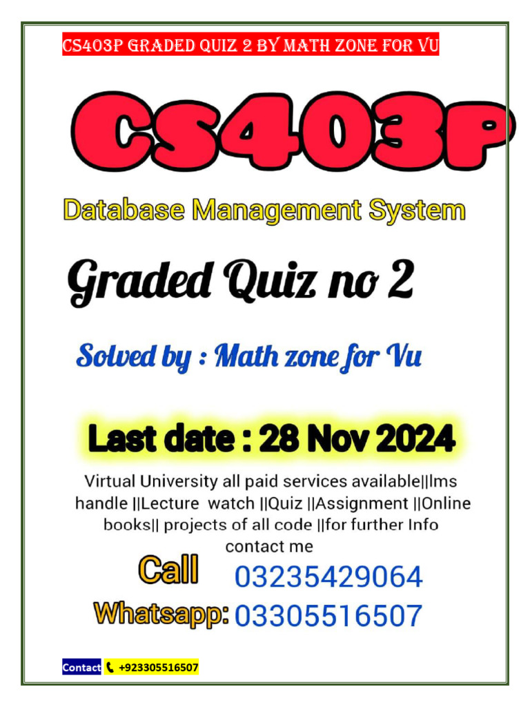 CS403P Graded Quiz 2 by Math Zone For Vu | PDF | Relational Model | Relational Database