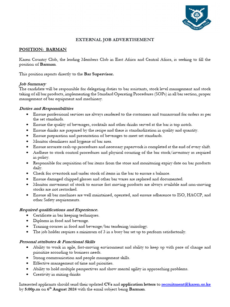 External Job Advert - Barman | PDF | Bartender | Business