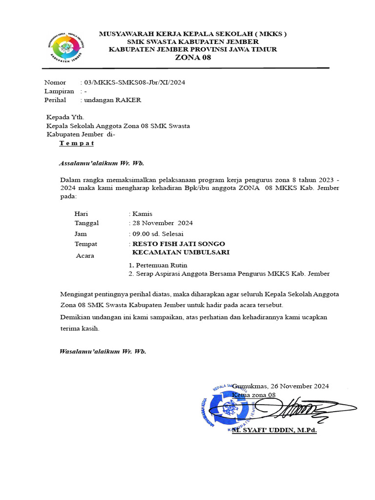 Undangan RAKER MKKS Zona 08 Jember | PDF