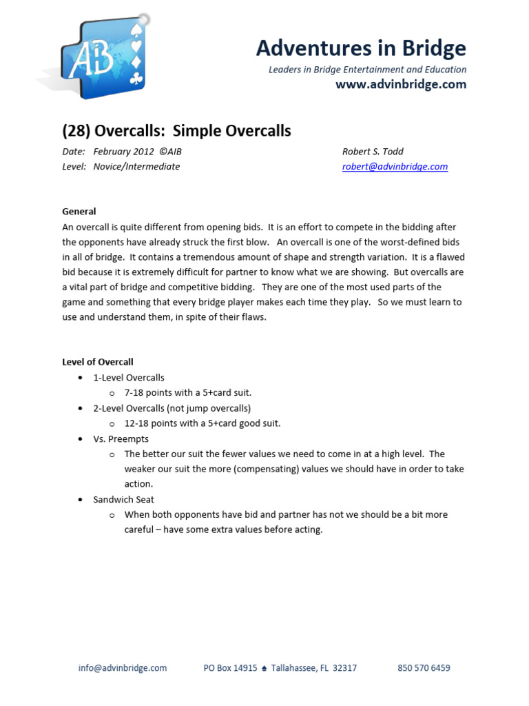 28 Simple Overcalls | PDF | Contract Bridge