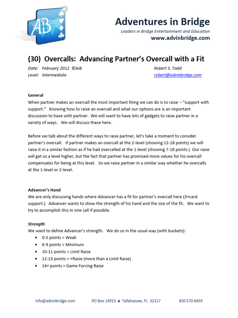 Advancing Partner's Overcall in Bridge | PDF | Contract Bridge | Sports