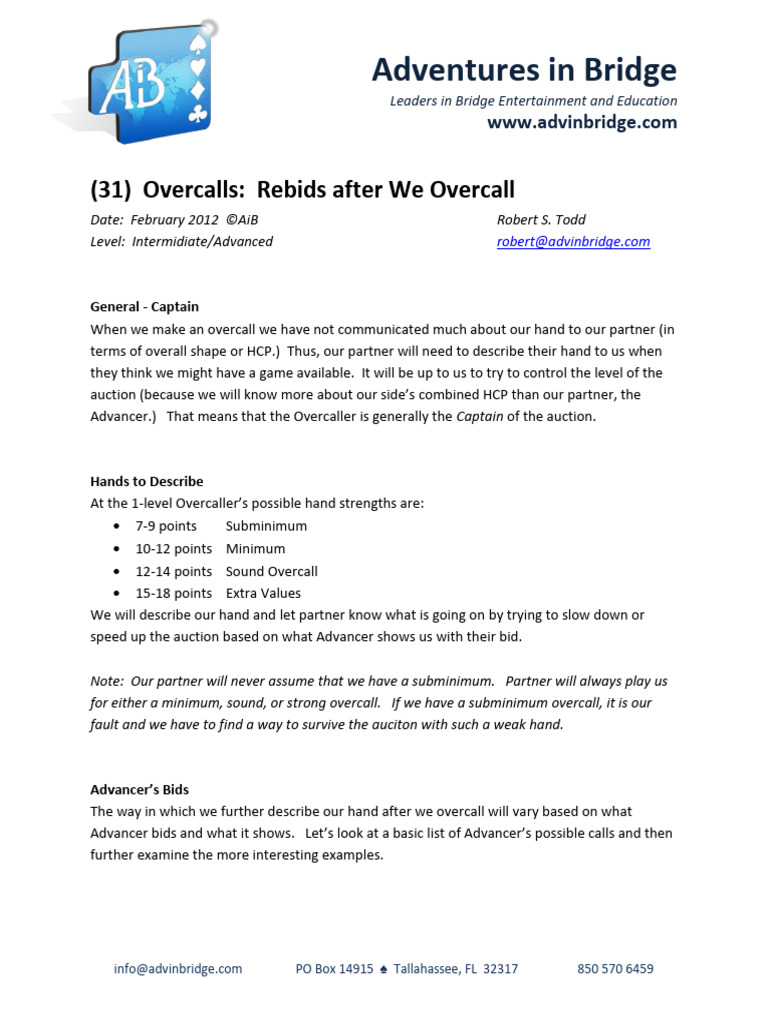 31 Rebids After We Overcall | PDF | Contract Bridge