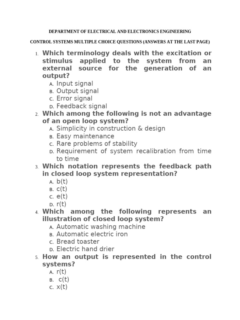 Control System MCQ | PDF | Control Theory | Function (Mathematics)