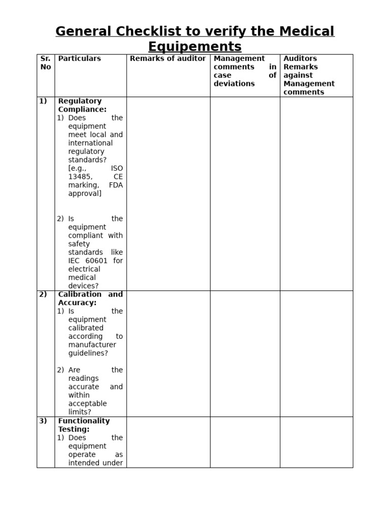 Checklist For Verification of Medical Equipments | PDF | Verification ...