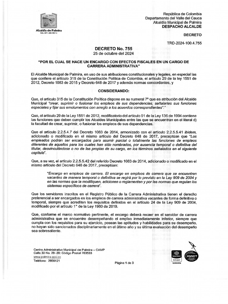 2024 10 25 Decreto 755 Por El Cual Se Realiza Un Encargo JOHANNA PATRICIA LEON SERNA | PDF