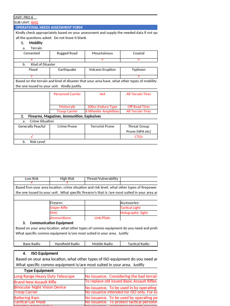 Operational Needs Assessment Form | PDF | Crime Scene | Evidence