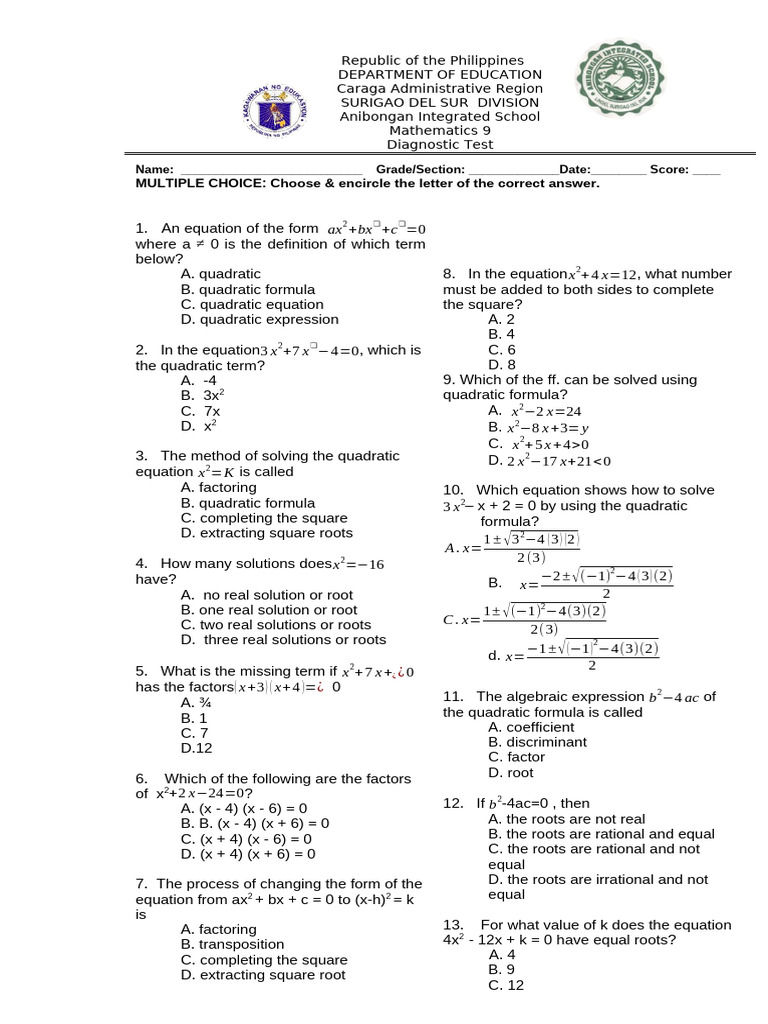 Diagnostic Test Math G9-Q1 2021-2022 | PDF | Quadratic Equation | Equations