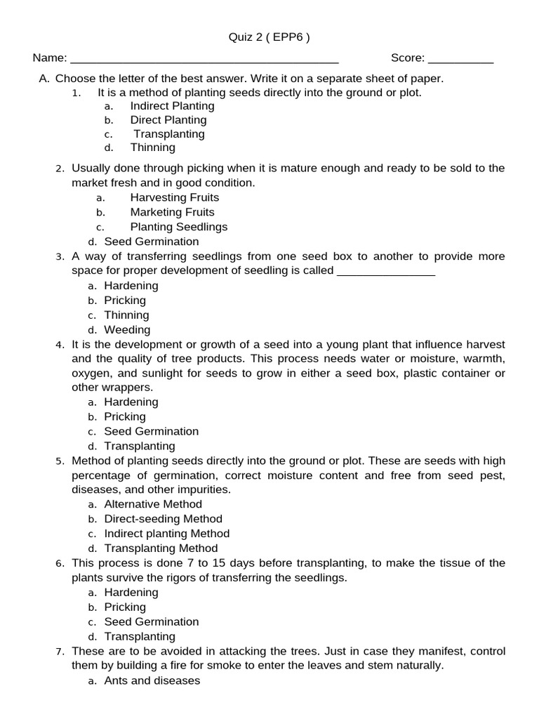 Epp 6 Quiz Q2 | PDF | Seed | Plants