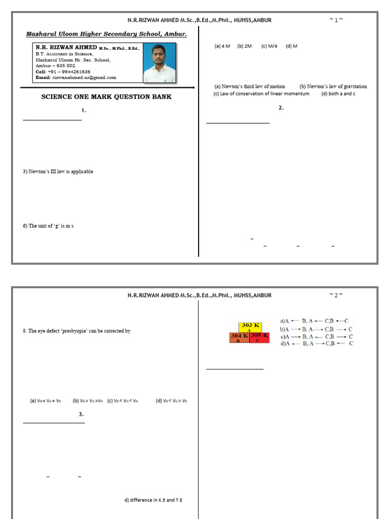 10th Science Question Bank Diagram Match The Following and 1 Mark ...