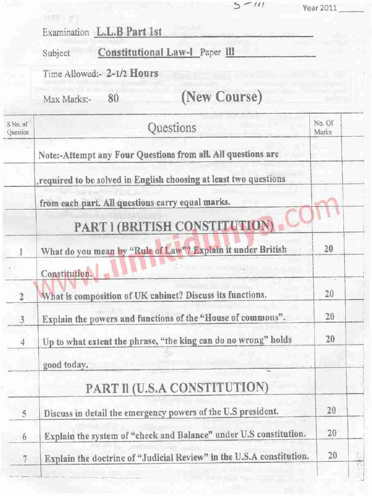 Past Papers 2011 BZU LLB Part 1 Constitutional Law Subjective | PDF