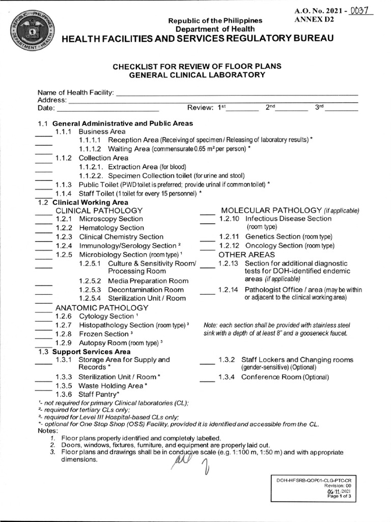 Checklist For Review of Floor Plans General Clinical Laboratory 8 5 ...