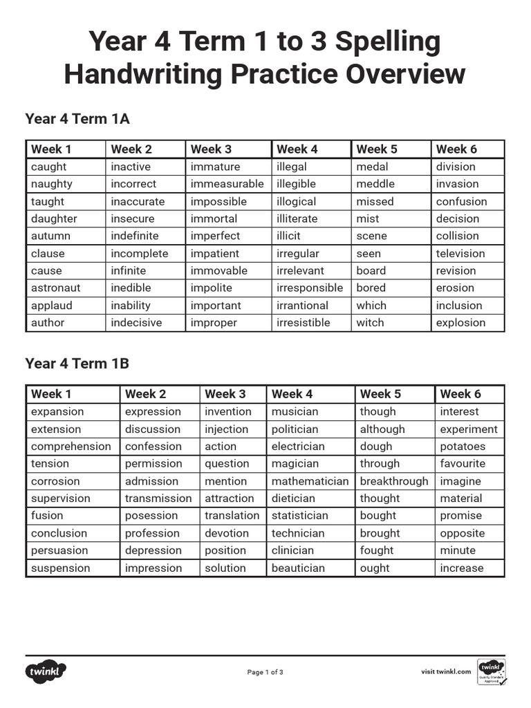 Year 4 Term 1 To 3 Spelling Handwriting Practice Overview | PDF