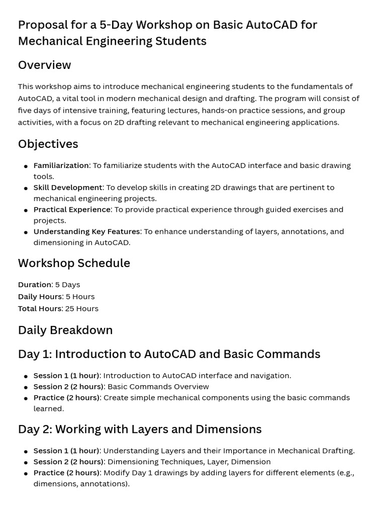 Proposal For A 5-Day Workshop On Basic AutoCAD For Mechanical ...