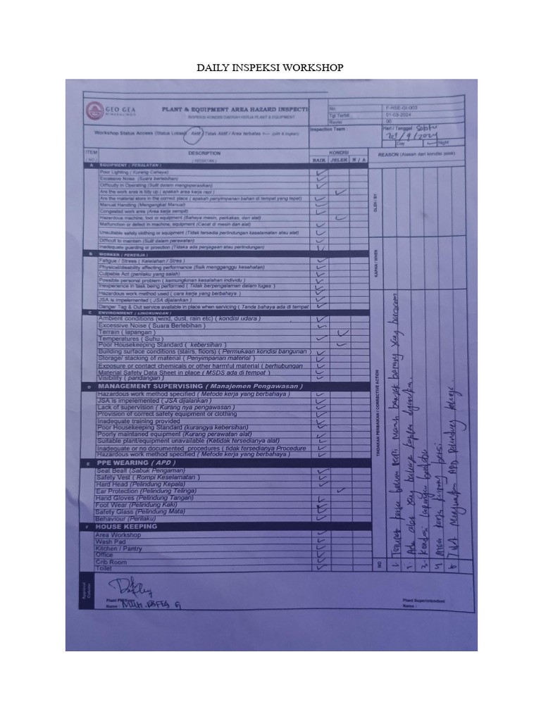 Pt. GGM - Daily Inspeksi - 28 September 2024 | PDF