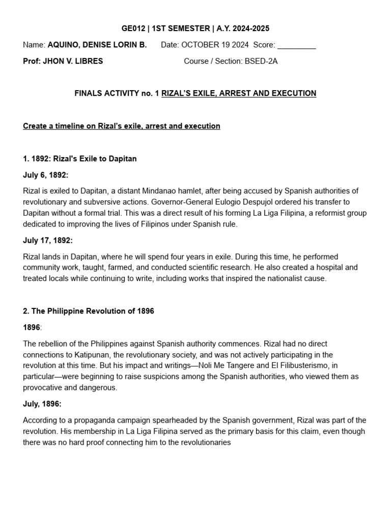 FINALS ACTIVITY No. 1 RIZALS EXILE ARREST AND EXECUTION | PDF | Capital Punishment | Philippines
