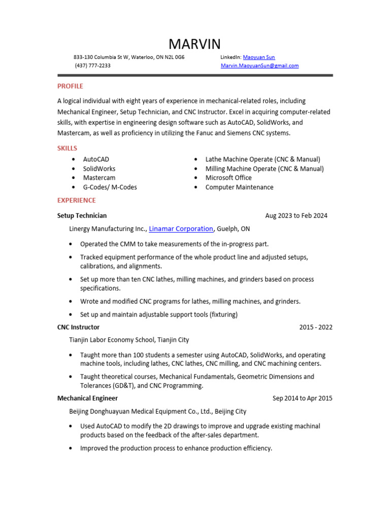Resume Marvin | PDF | Numerical Control | Mechanical Engineering