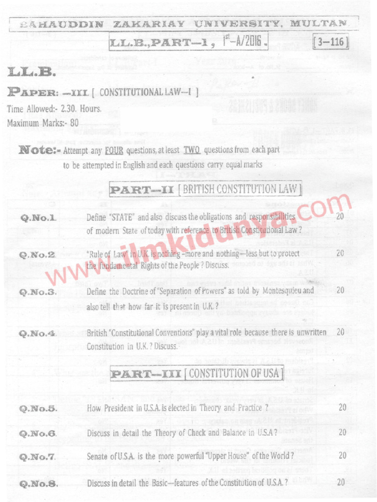 Past Papers 2016 BZU LLB Part 1 Constitutional Law Subjective | PDF