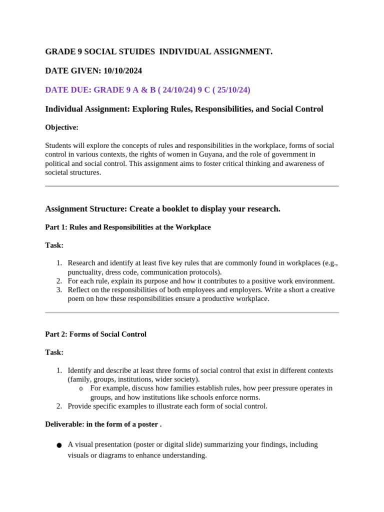 Grade 9 Social Studies Individual Assignment | PDF | Human ...