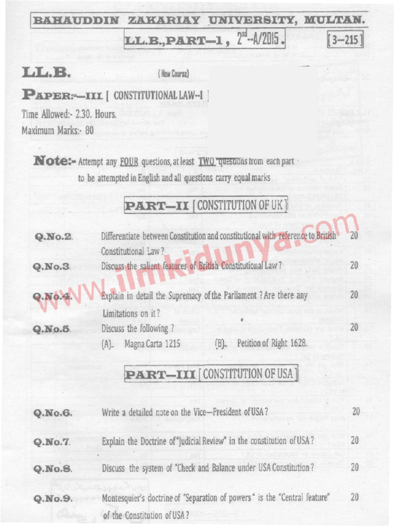 Past Papers 2015 BZU LLB Part 1 Constitutional Law Subjective 2nd ...