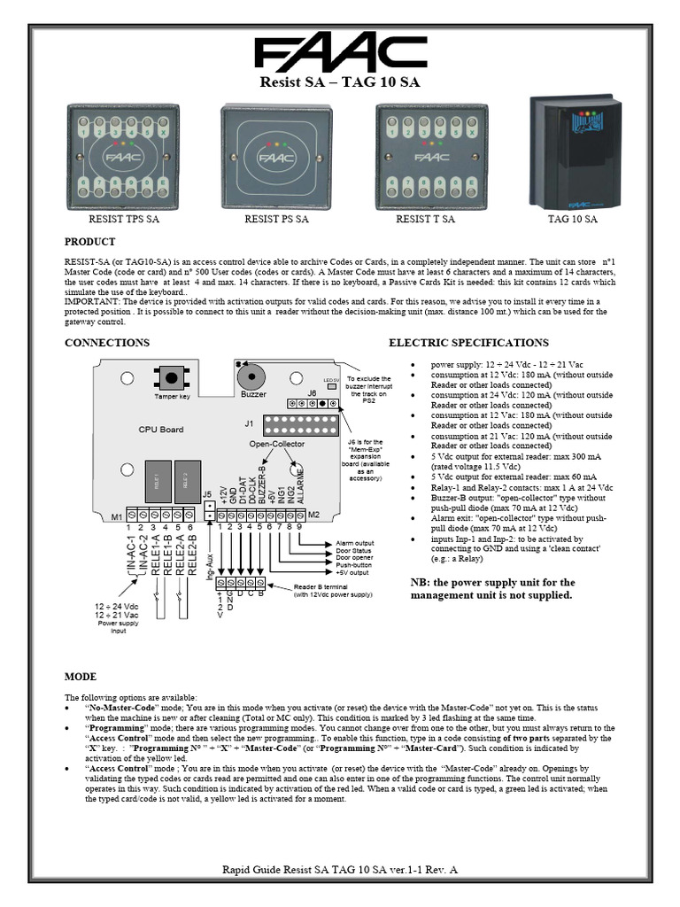 Faac RESIST TAG Access Control Devices Manual | PDF | Relay | Parameter (Computer Programming)