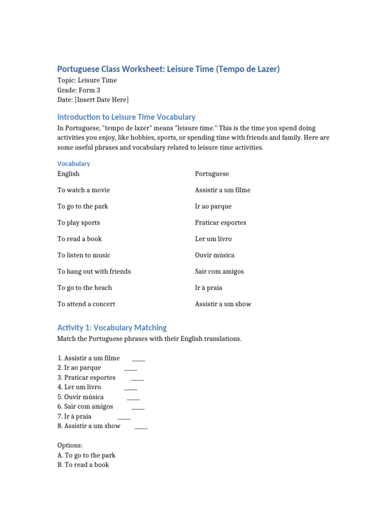 Portuguese Class Worksheet Leisure Time | PDF | Linguistics | Human ...