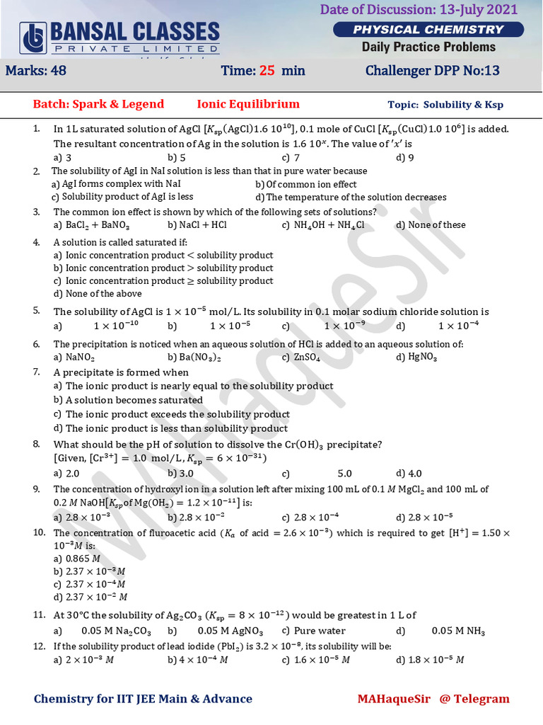 DPP 13 Ionic Equilibrium | PDF | Solubility | Chemical Substances
