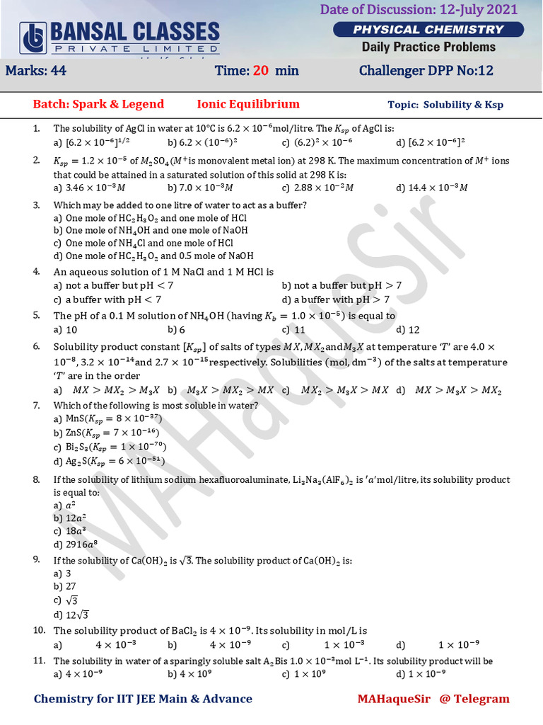 DPP 12 Ionic Equilibrium | PDF | Ph | Physical Chemistry