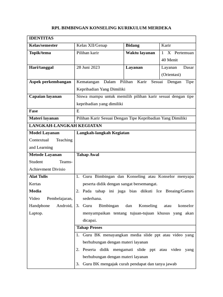 RPL Bimbingan Konseling Kurikulum Merdeka | PDF