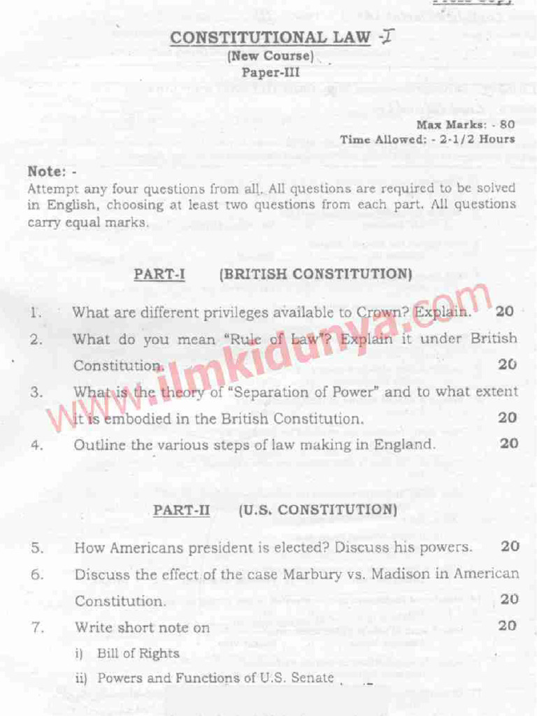 Past Papers 2012 BZU LLB Part 1 Constitutional Law Subjective | PDF
