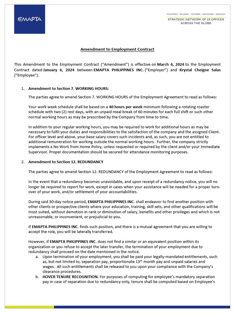Amendment To Employment Agreement - Krystal Cheigne Salas | PDF ...
