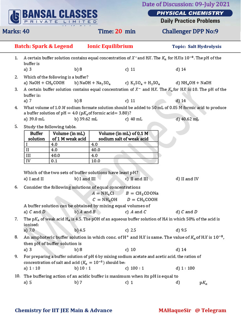 DPP 10 Ionic Equilibrium | PDF | Buffer Solution | Ph