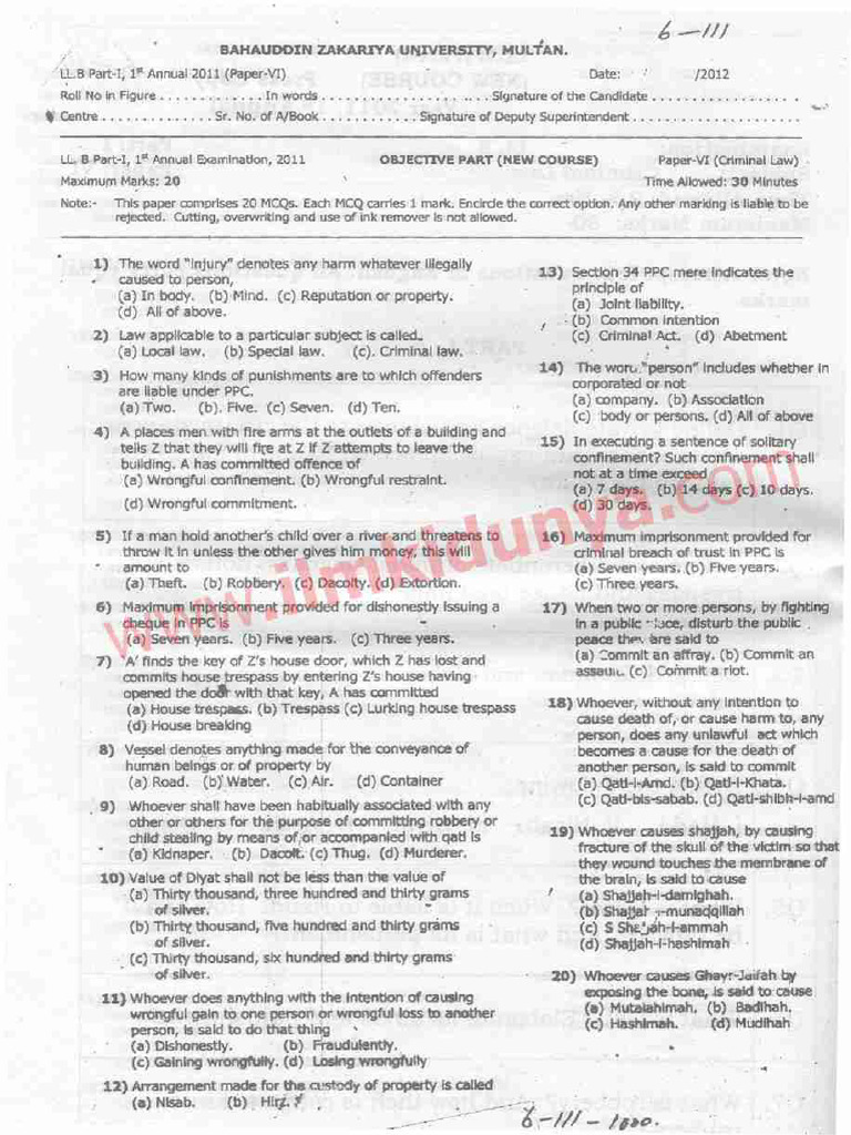 Past Papers 2011 BZU LLB Part 1 Criminal Law Objective | PDF