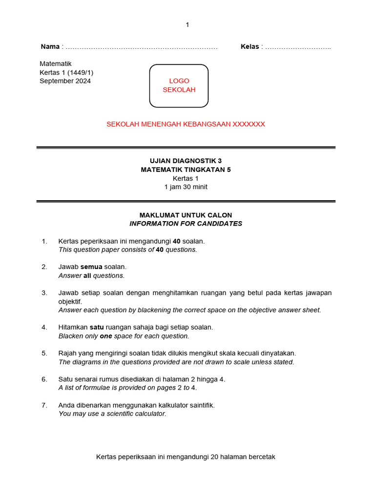 Matematik T5 Ud3 2024 - Kertas 1 | PDF | Area | Trigonometry