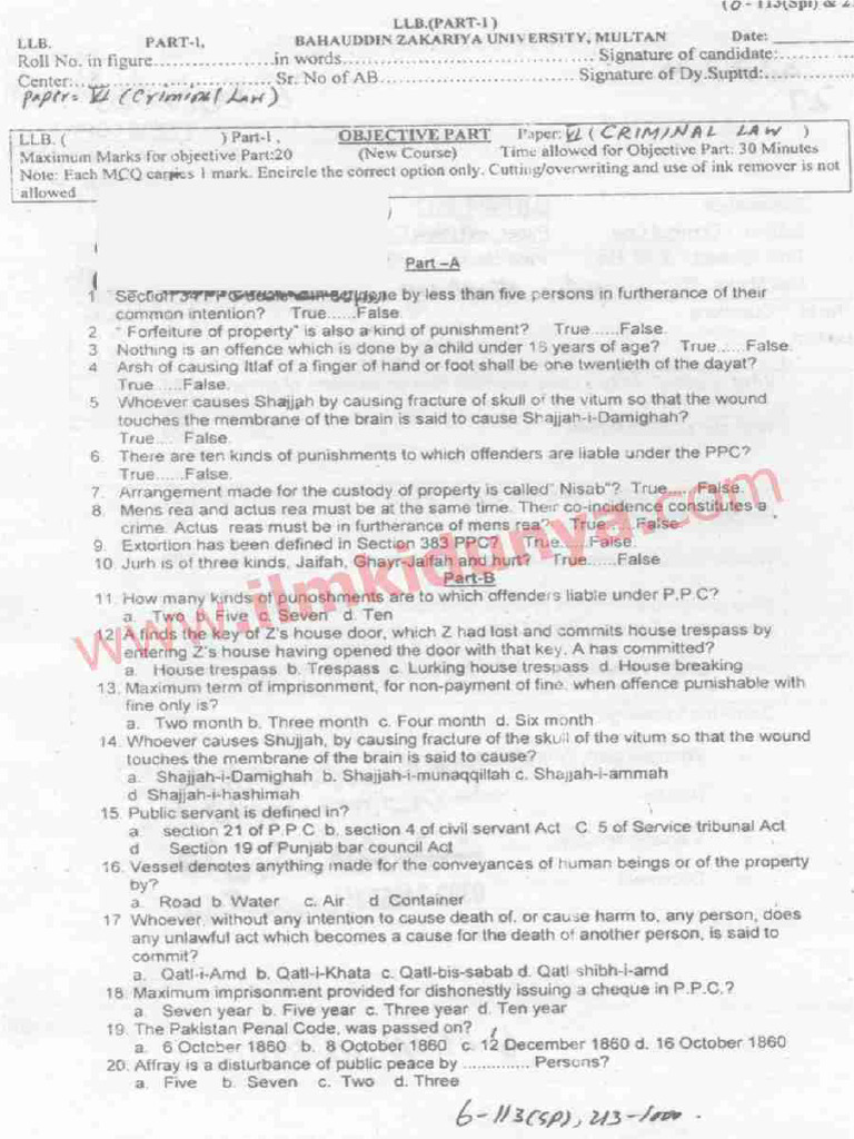 Past Papers 2013 BZU LLB Part 1 Criminal Law Objective | PDF
