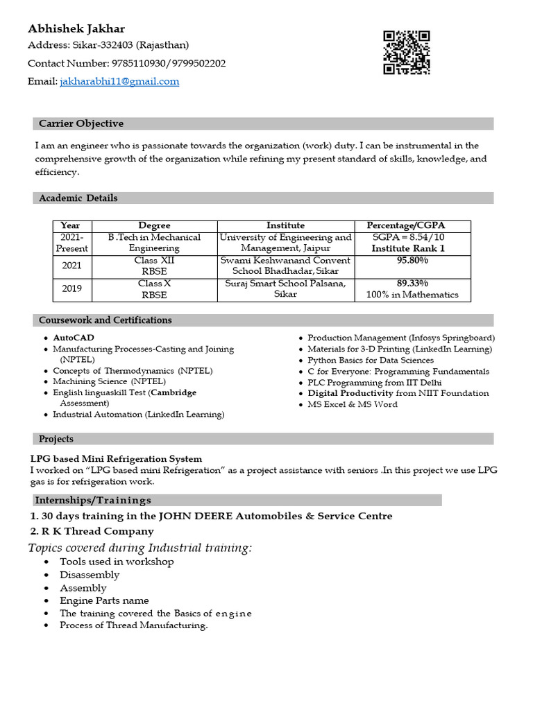 Abhishek Jakhar ME Resume | PDF | Engineering